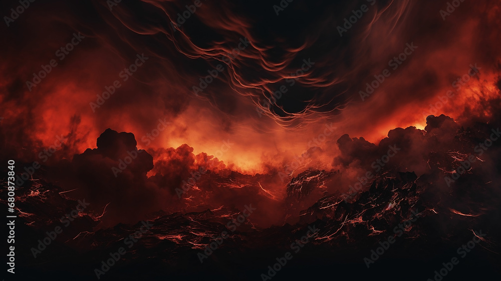 Black fiery red dramatic sky with clouds. Fire, war, explosion ...