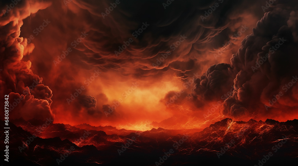 Black fiery red dramatic sky with clouds. Fire, war, explosion ...
