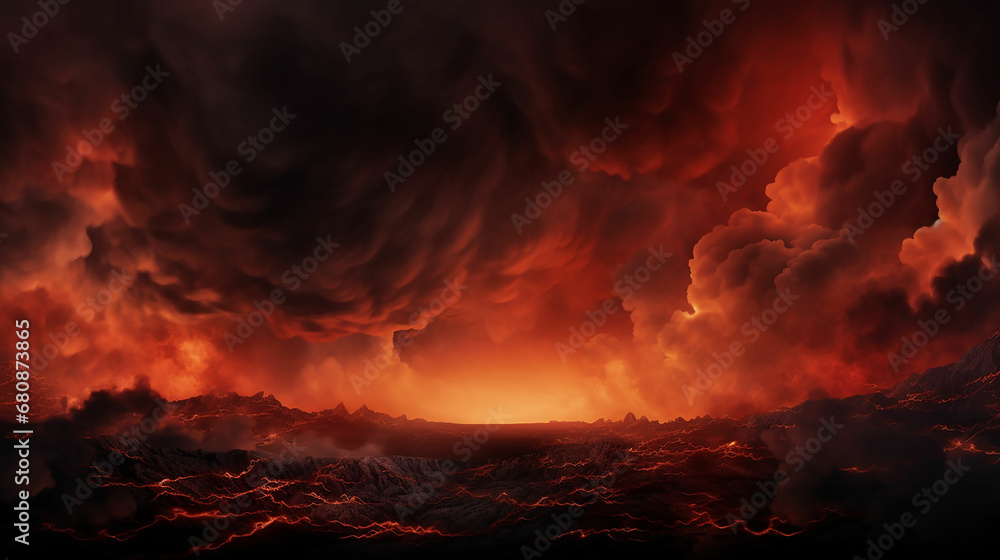 Black fiery red dramatic sky with clouds. Fire, war, explosion ...