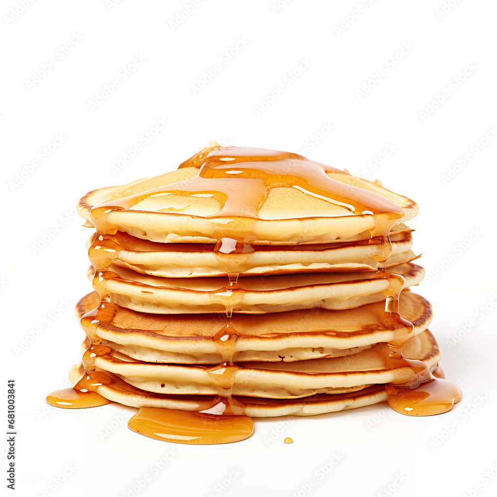 Studio close-up shot of pancakes with syrup isolated on white ...