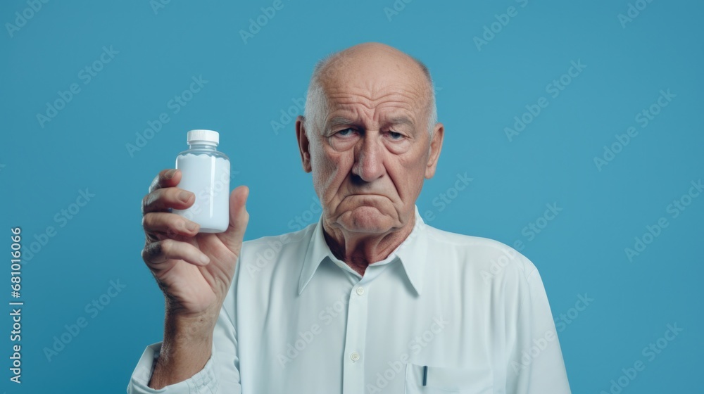 Elderly man with medicine bottle in his hand and with a disapproving ...