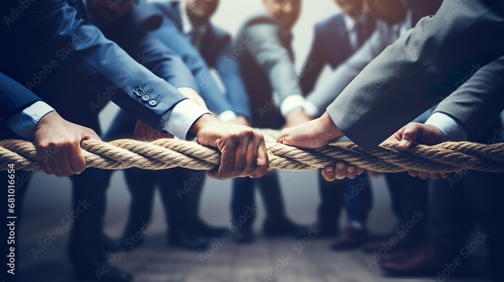 Tug war competition with rope. Hands pulling rope together, teamwork ...