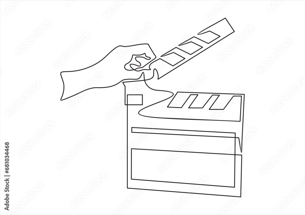 Continuous line drawing of hand hold retro old classic movie board ...