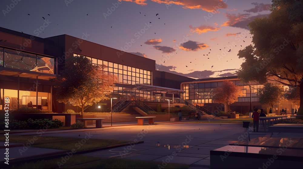 School building front view with green lawn modern school house exterior ...