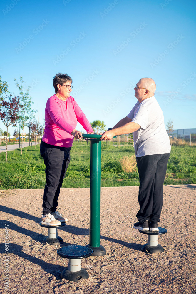 Retired male and female couple performing gymnastic exercises on a ...