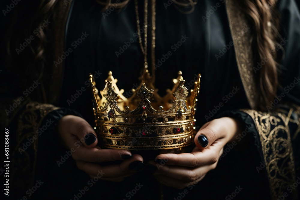 mysteriousand magical image of woman's hand holding a gold crown over ...