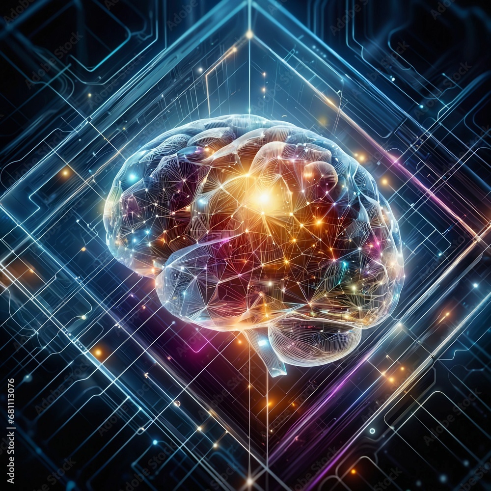 AI. A colorful abstract digital brain. Neural network connection lines and glowing dots. Machine ...