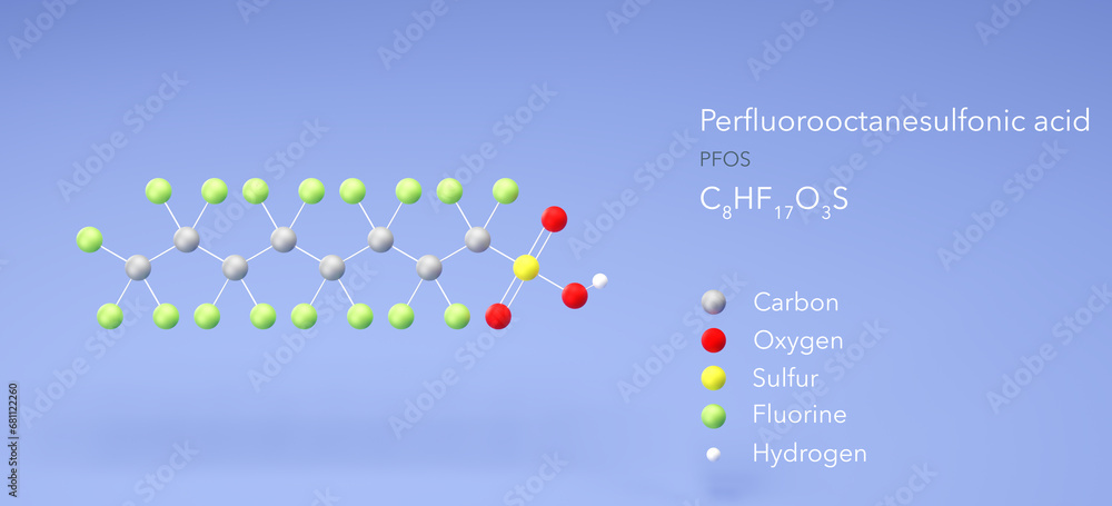 perfluorooctanesulfonic acid molecule, molecular structures, pfos, 3d ...