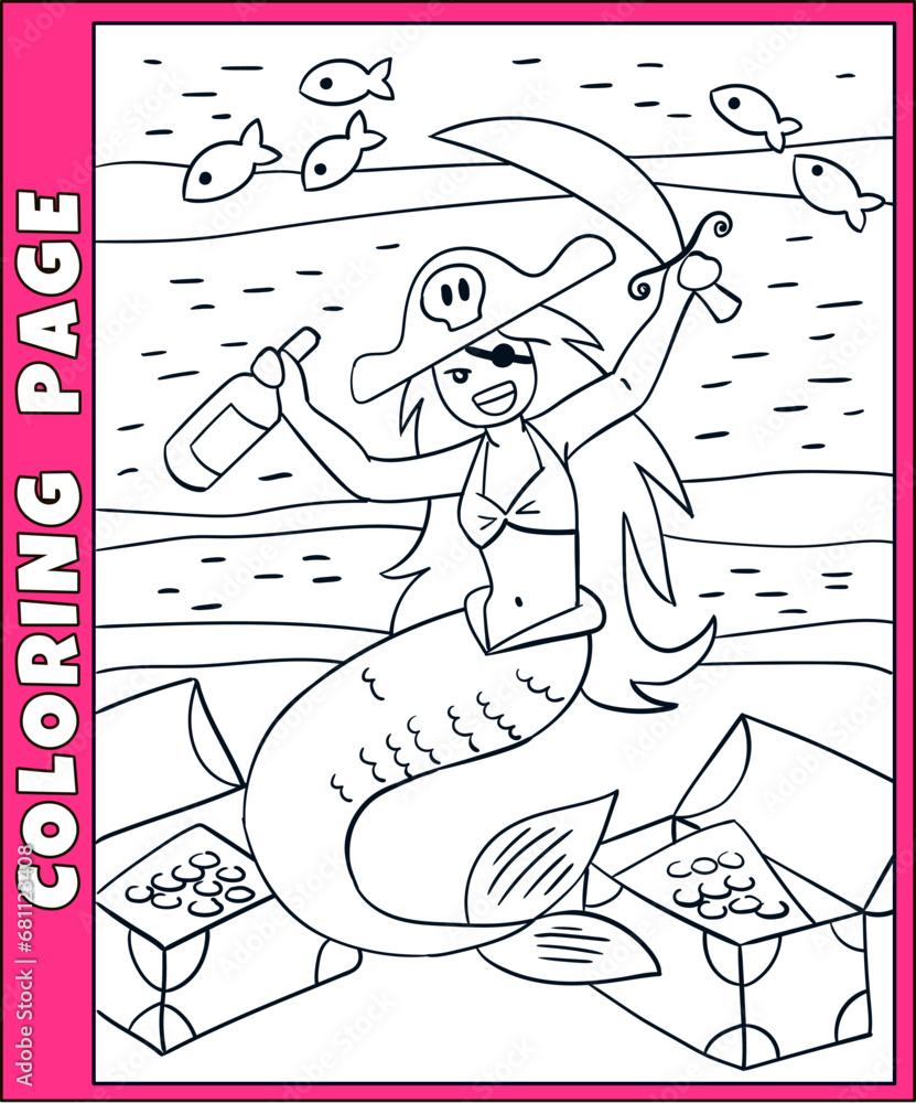 Pirate mermaid cartoon illustration for coloring book, funny female ...