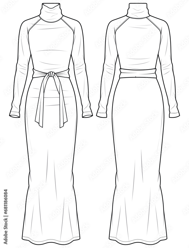 Women high neck bandage column dress design flat sketch fashion ...