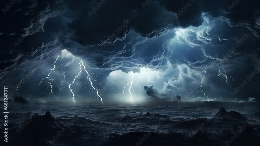 Thunderous dark sky with black clouds and flashing lightning. Panoramic view. Concept on the ...