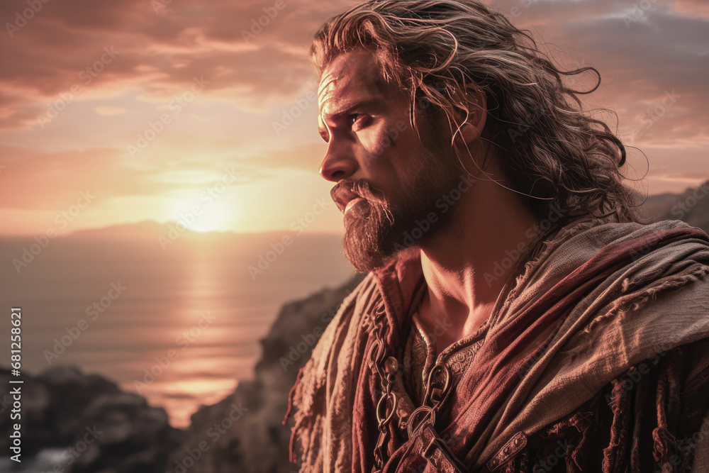 Depiction of Odysseus, the legendary Greek hero, bathed in the golden ...