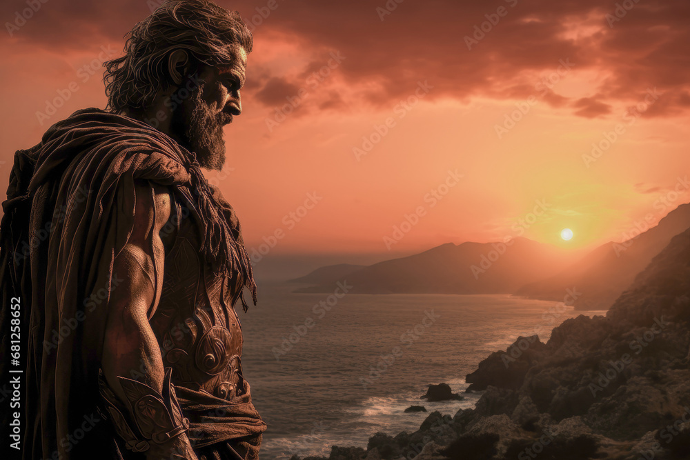 Depiction of Odysseus, the legendary Greek hero, bathed in the golden ...