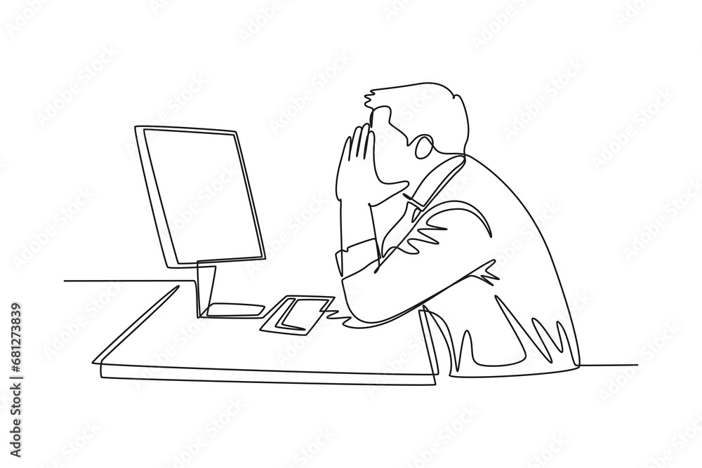 Continuous one line drawing young tired company worker covering his ...
