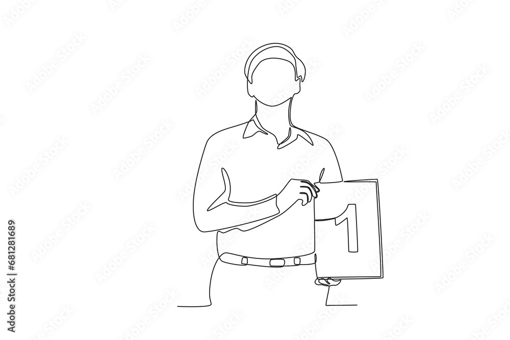 Continuous one line drawing best male employee showing off her ...