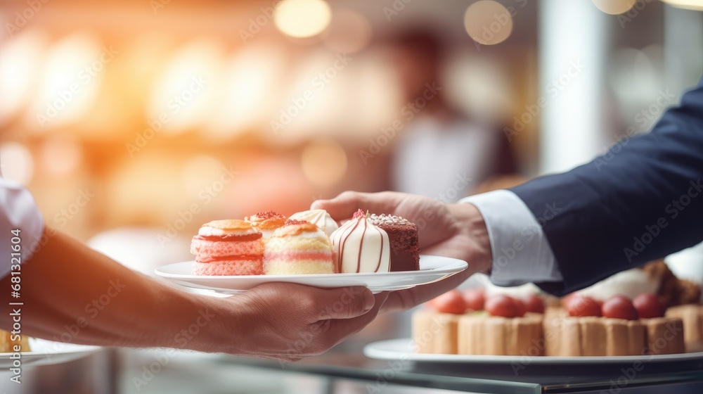 defocused handshake in an upscale pastry shop, with elegant displays of ...