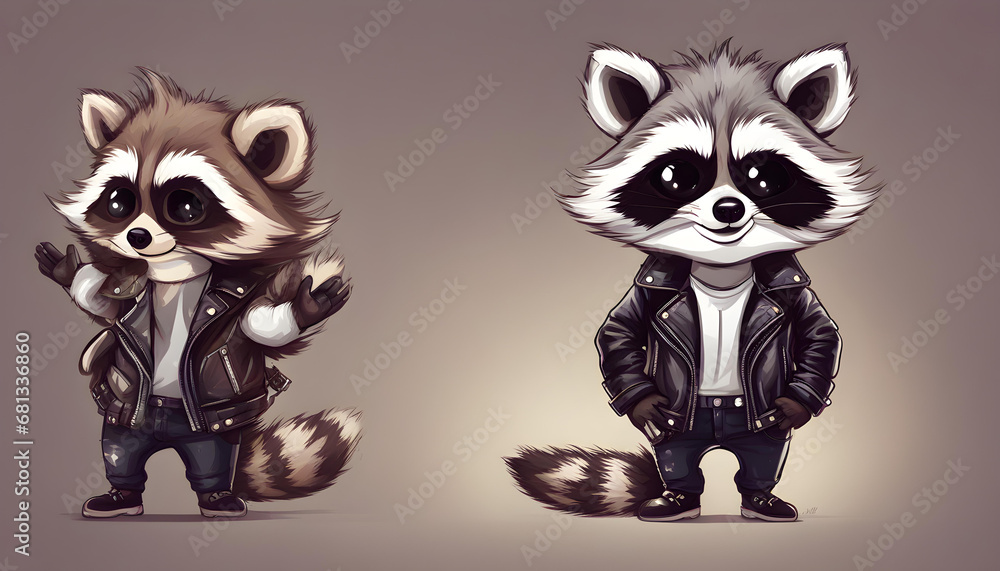 cute two raccoon dressed in leather jacket looks like pop star Stock ...