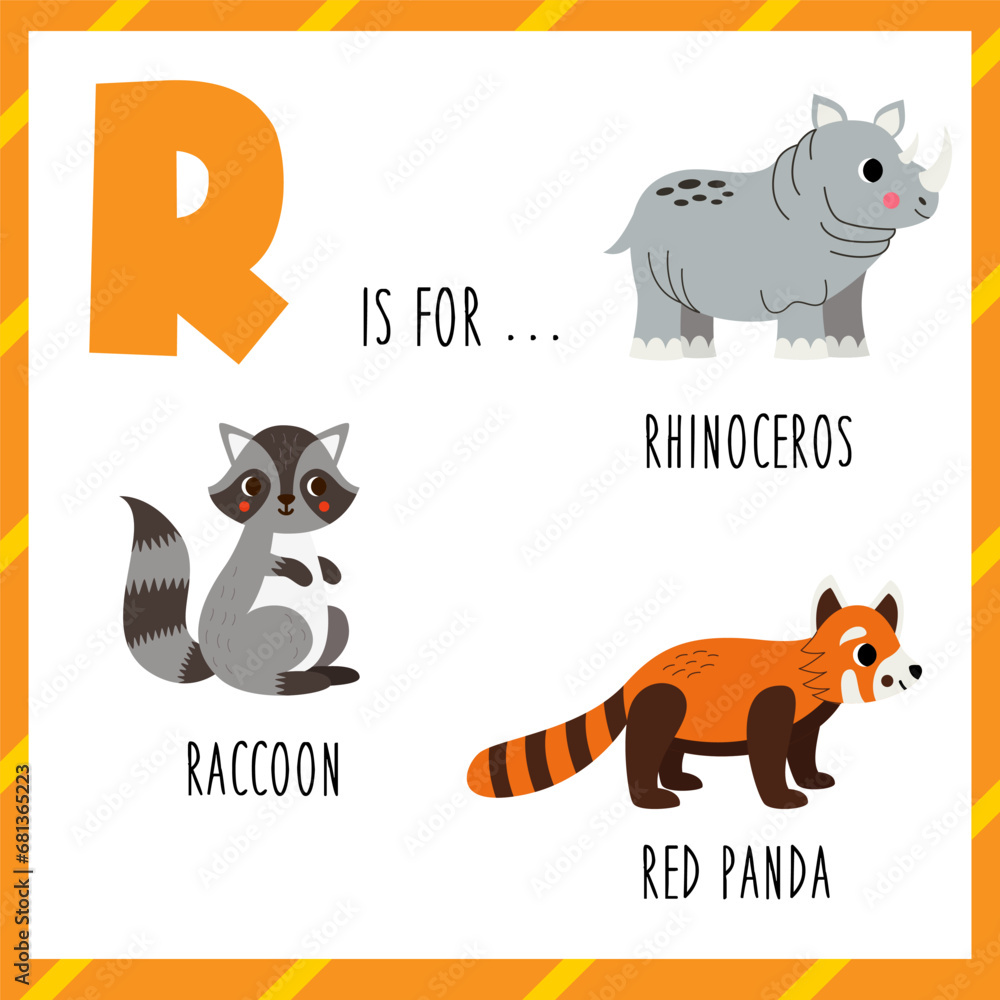 Vetor Learning English alphabet for kids. Letter R. Cute cartoon red ...