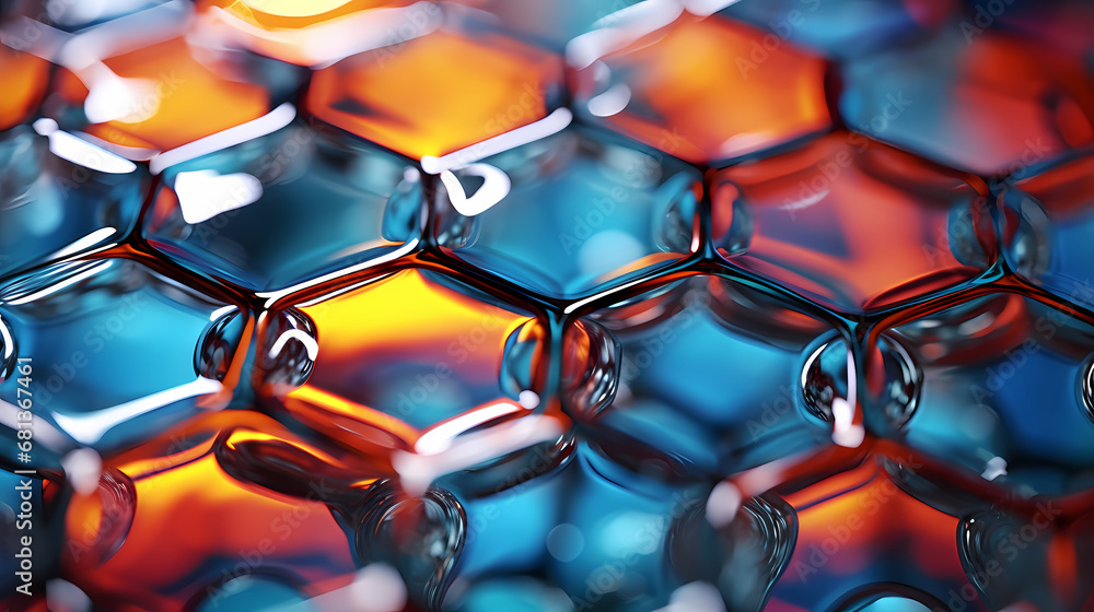 Hexagonal water molecules magnified in a high-tech display, showcasing ...