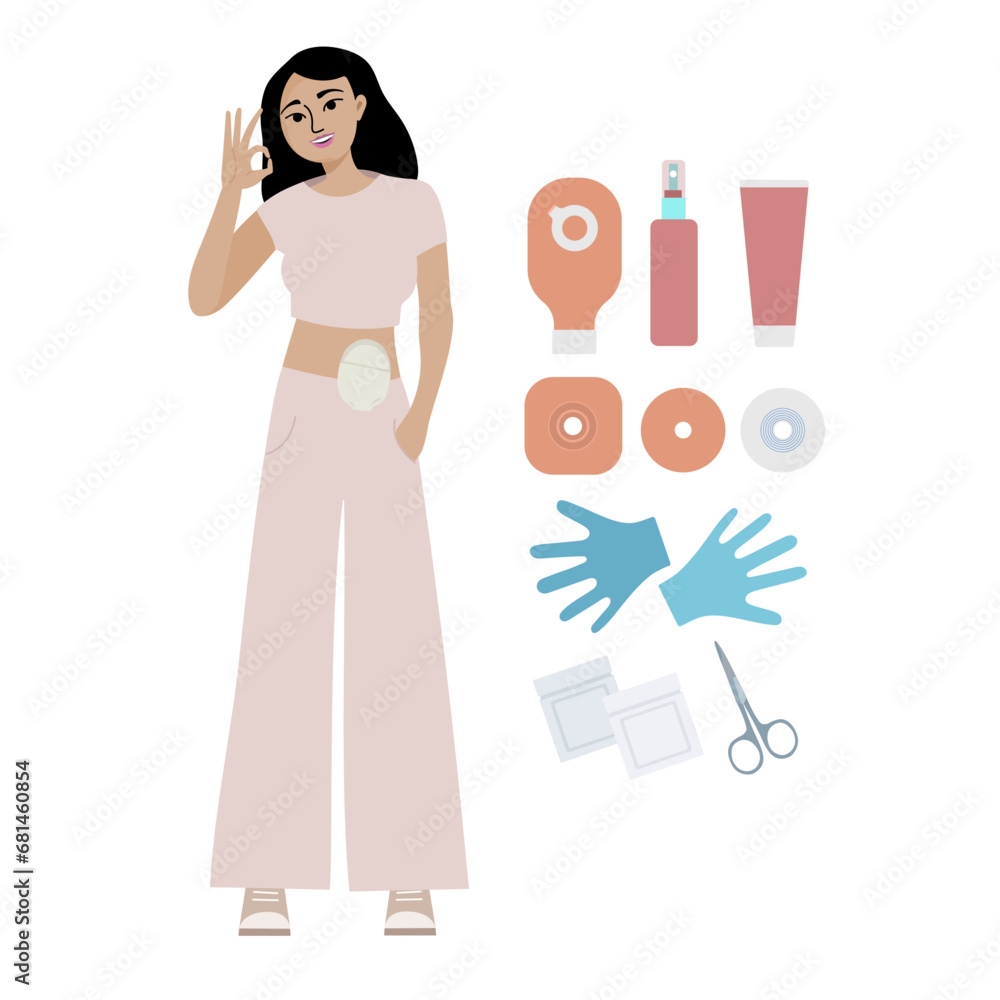 Ostoma support, vector illustration girl with Ostomy Products,concept ...