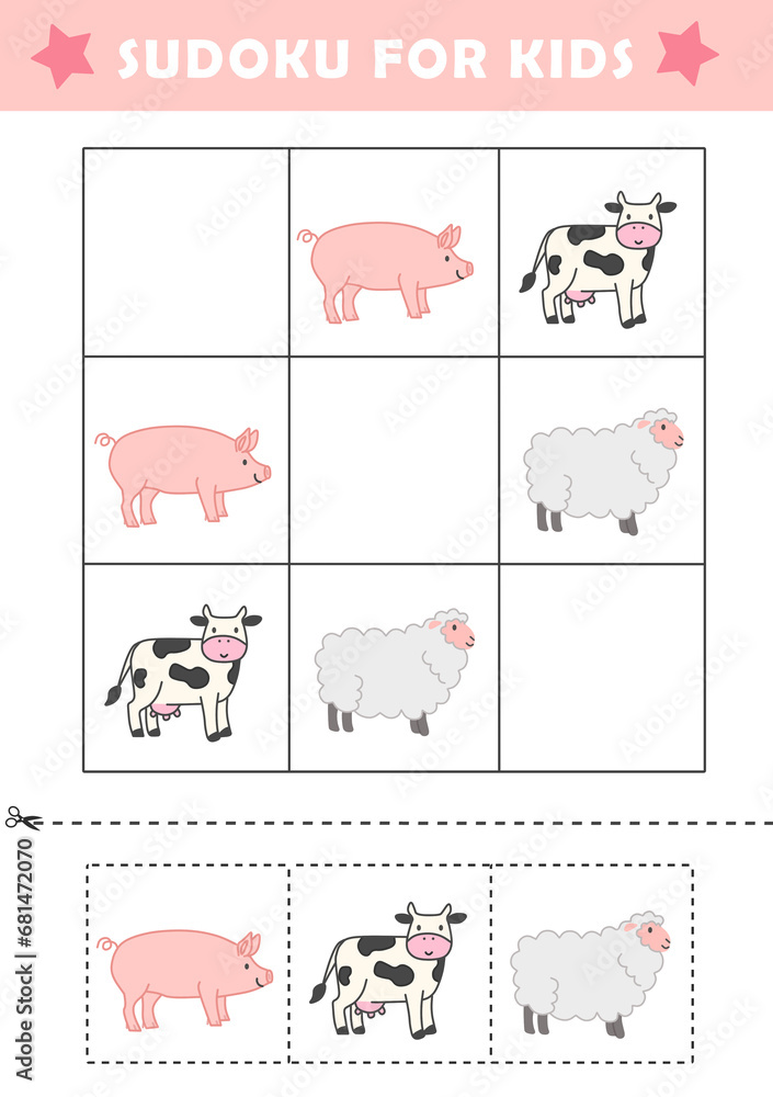 Sudoku logical reasoning activity for kids. Fun sudoku puzzle with cute ...