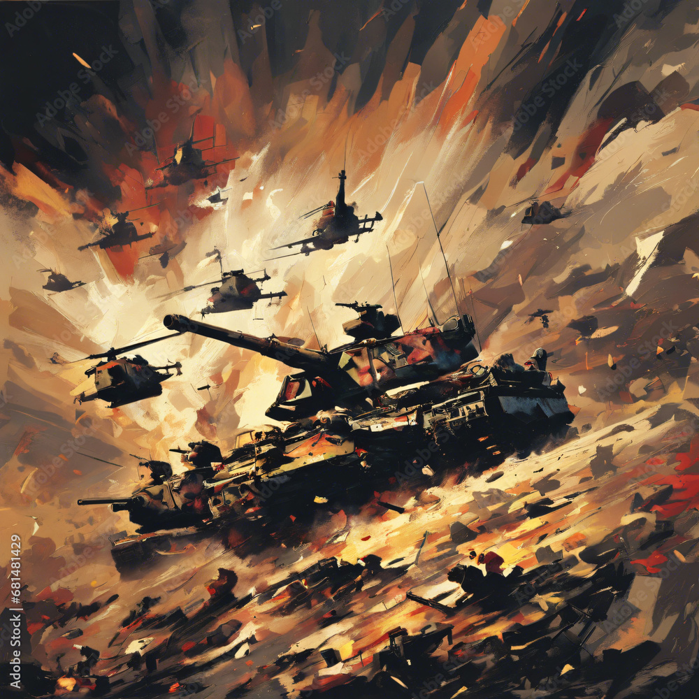 War Concept. Military silhouettes fighting scene on war fog sky ...