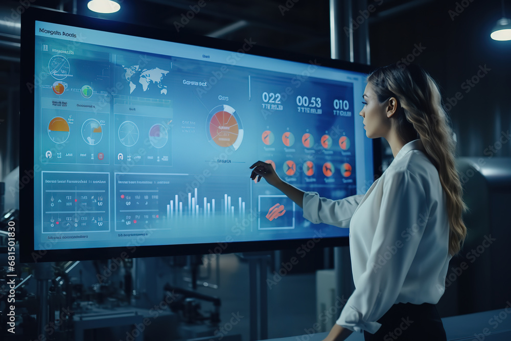 Confident female engineer using interactive display analyzing growth ...