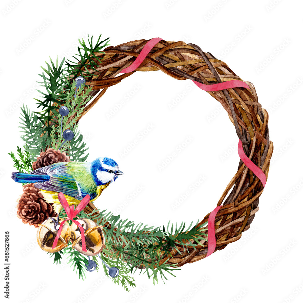 Watercolor picture with titmouse bird and gold mule-bells in ive wreath ...