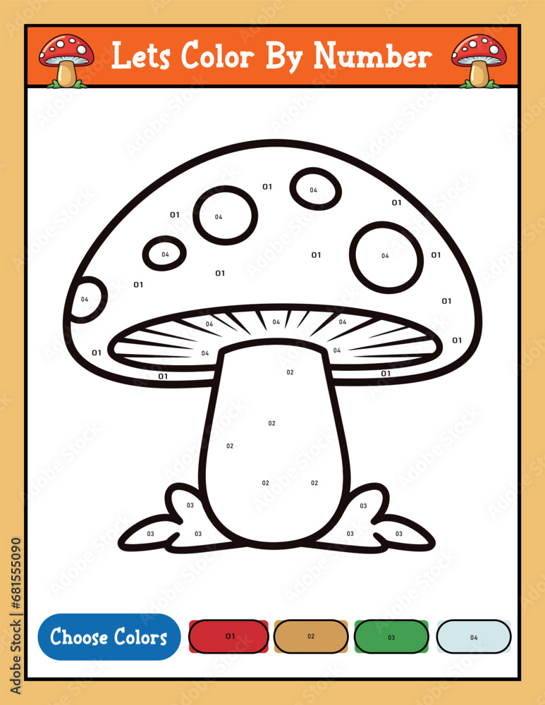 Color by number coloring page printable activity With Cute Mushroom 素材庫 ...