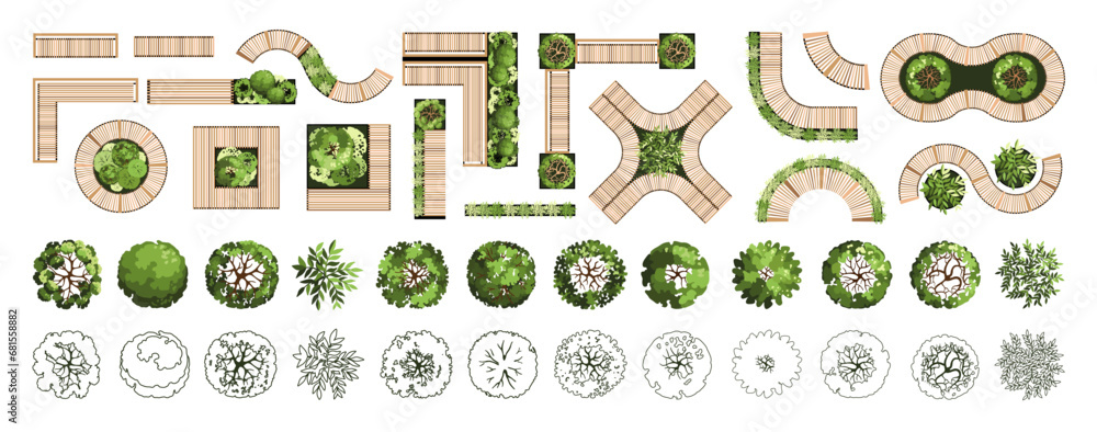 Top view elements for the landscape design plan. Trees and benches for ...