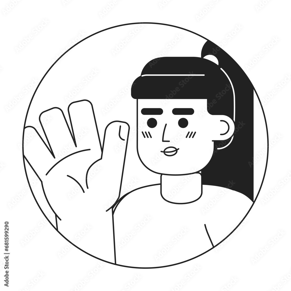 Ponytail asian woman saying hi hello black and white 2D vector avatar ...
