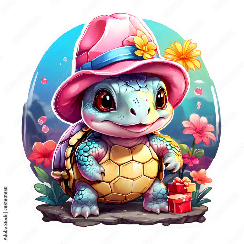 Sticker isolated cute turtle wearing a pink hat on sea nature ...
