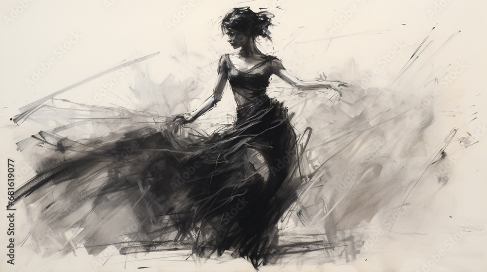 Black charcoal pencil drawing of a young active ballet dancing lady in ...