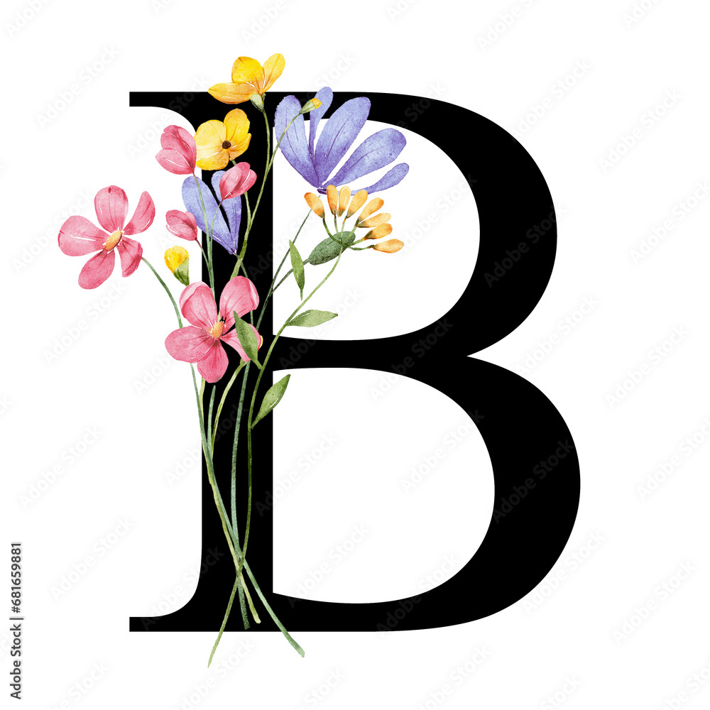 Letter B, floral alphabet, wedding monogram with watercolor flowers ...