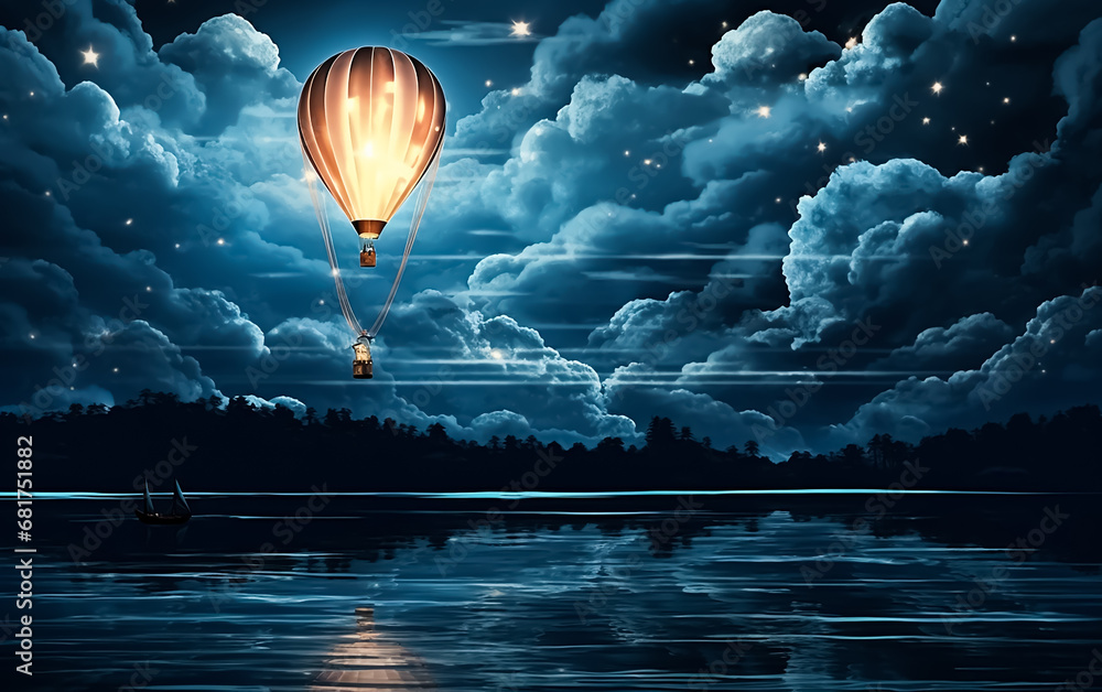 Traditional Fantasy Hot air balloon flying over frozen sea at night ...