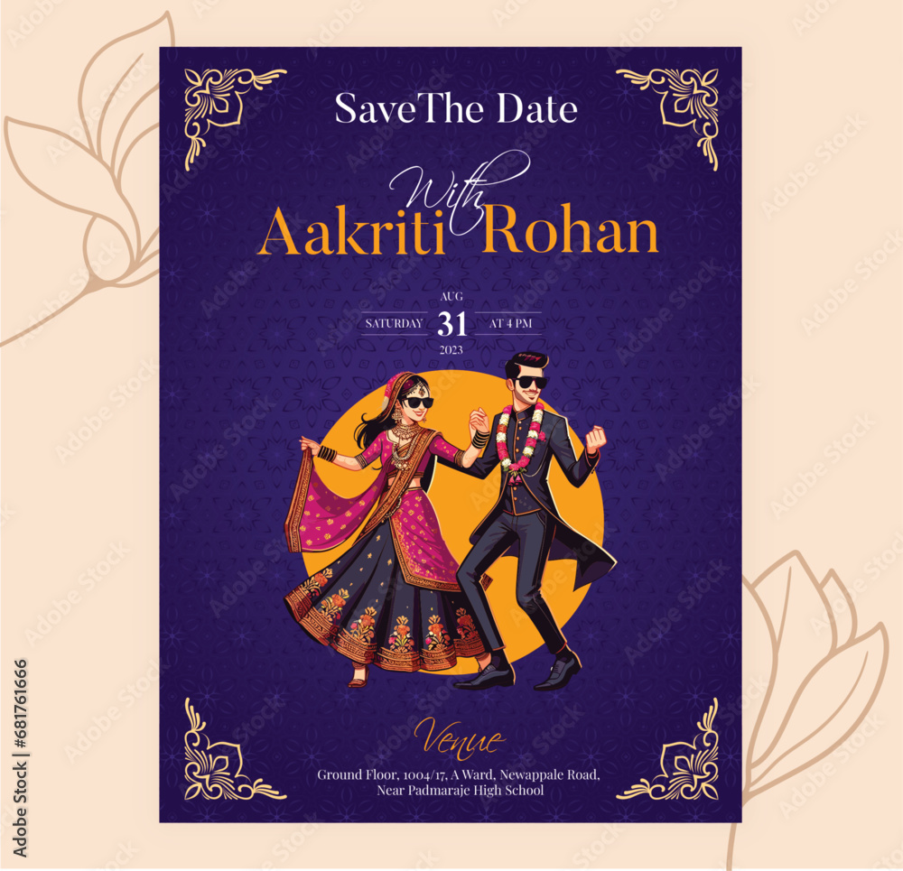 Vector traditional royal wedding invitation card design with Indian ...