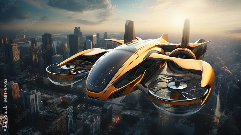 Yellow flying car drone air taxi. Electric eco self-driving passenger ...