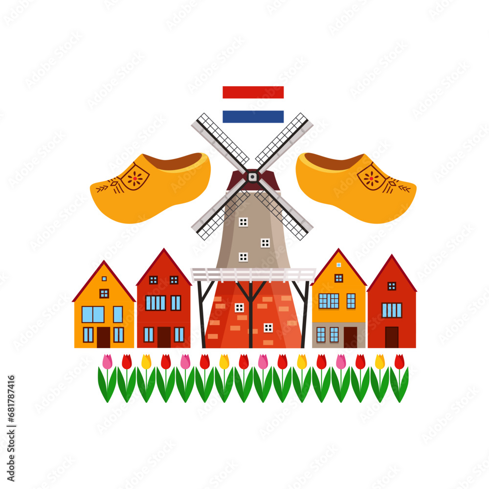 Symbols of Netherlands, tulips, houses, traditional wooden shoes and ...