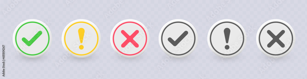 Check mark icons. Tick sign, exclamation mark and cross icon. Yes and ...
