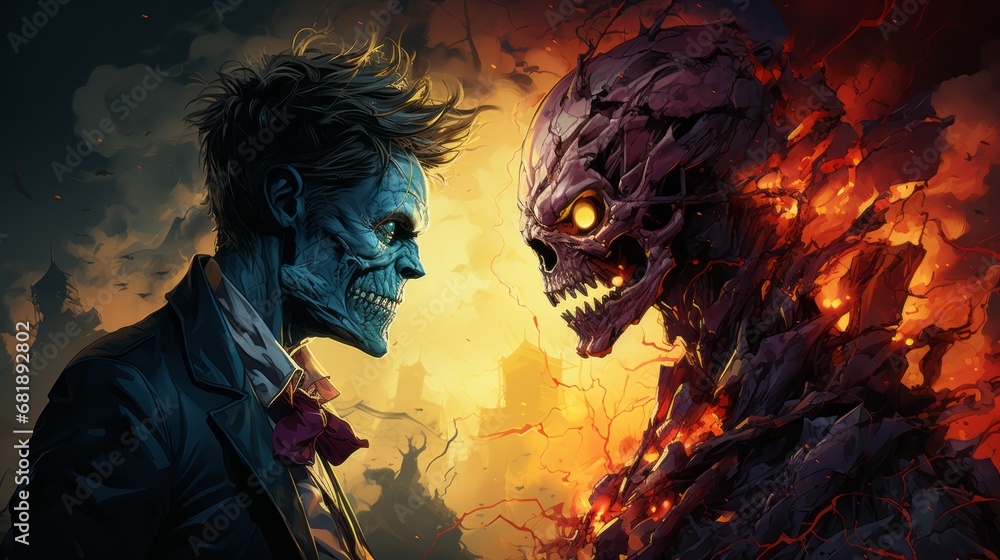 "Ethereal Conflict" A spectral face-off between a ghastly apparition ...