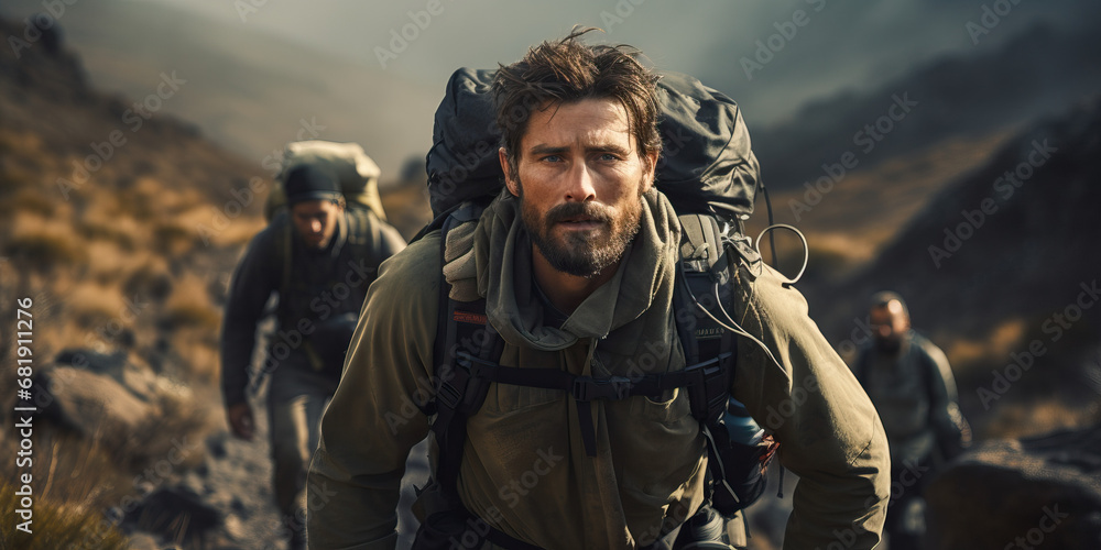 Backpackers and hiker men on solo wilderness adventures. Concept of ...