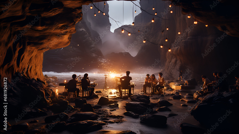 Group of People Sitting at Tables Inside a Cave Stock Illustration ...