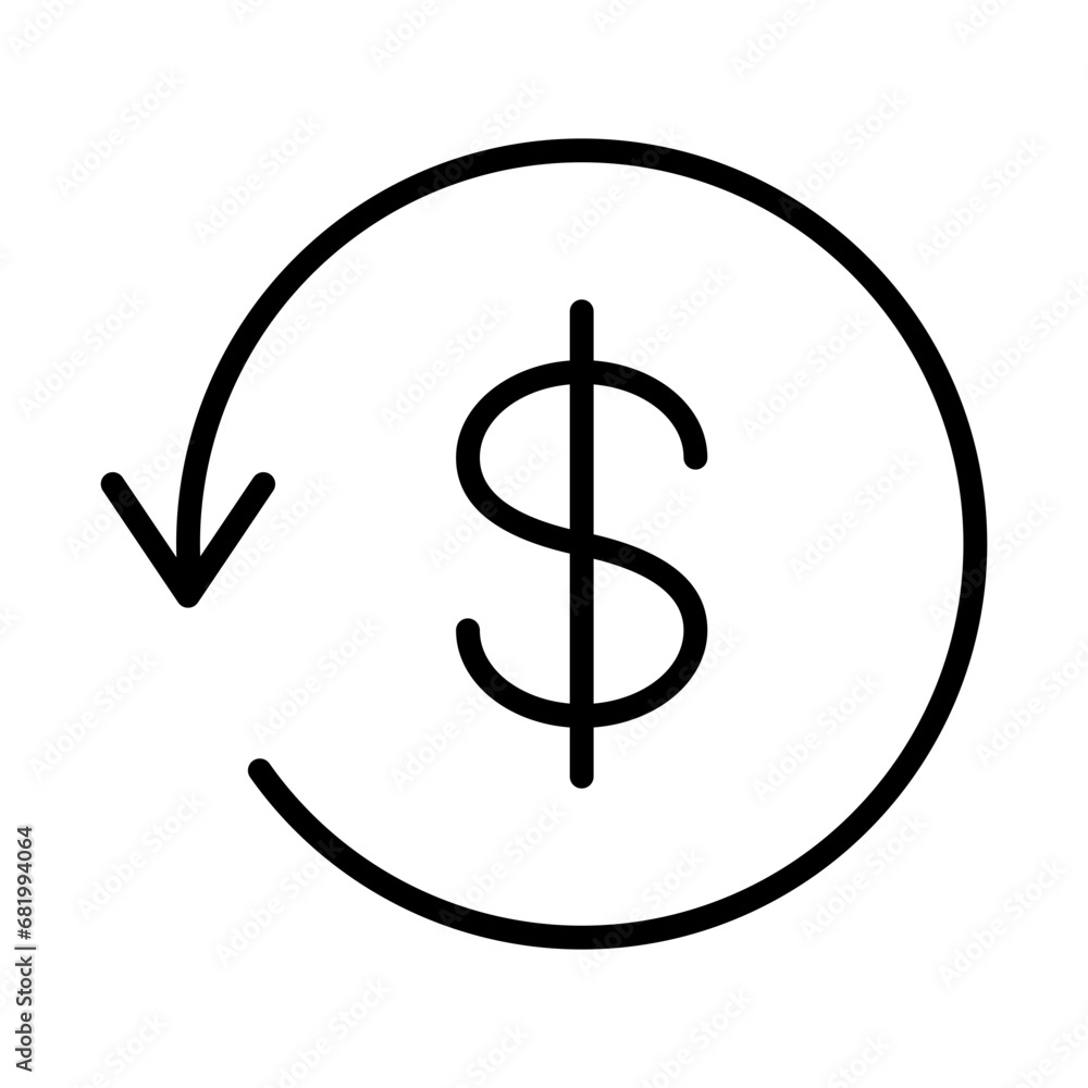 Black round money back refund investment line icon, financial repeat ...