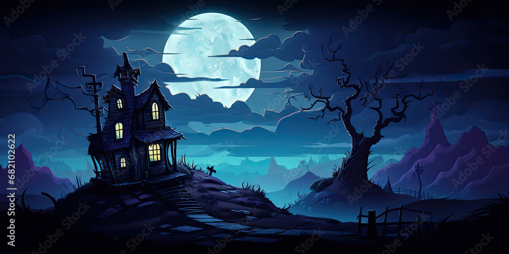 Cartoon style haunted house ghost mansion spooky scary illustration ...