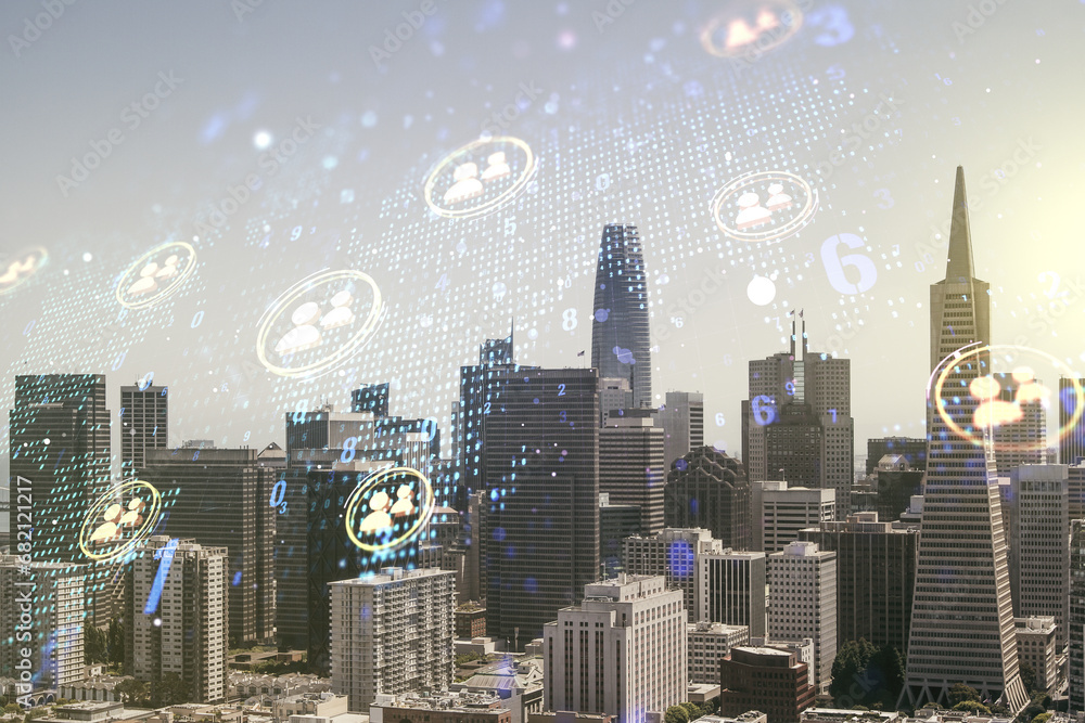 Double exposure of social network icons interface and world map on San ...
