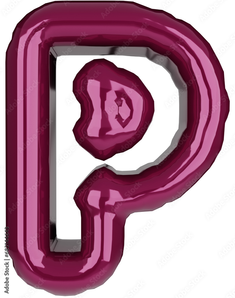 Glossy inflated red color letter P uppercase illustration. 3D render of latex bubble burgundy ...