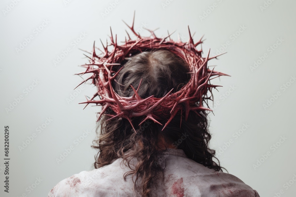 Jesus with bloody crown of thorns on His head over light background ...