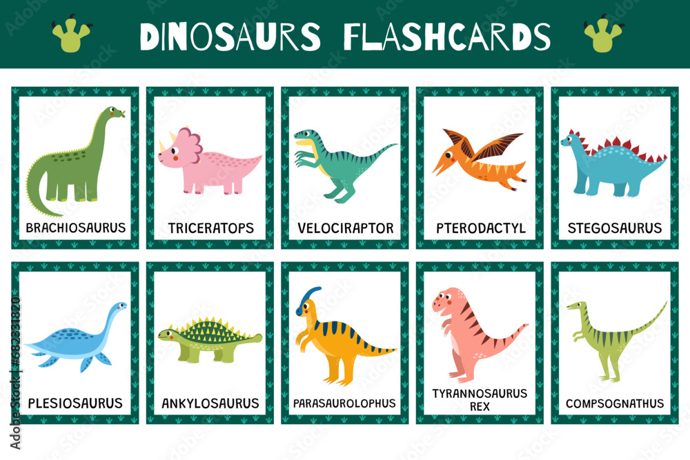 Dinosaurs flashcards collection for kids. Flash cards set with cute ...