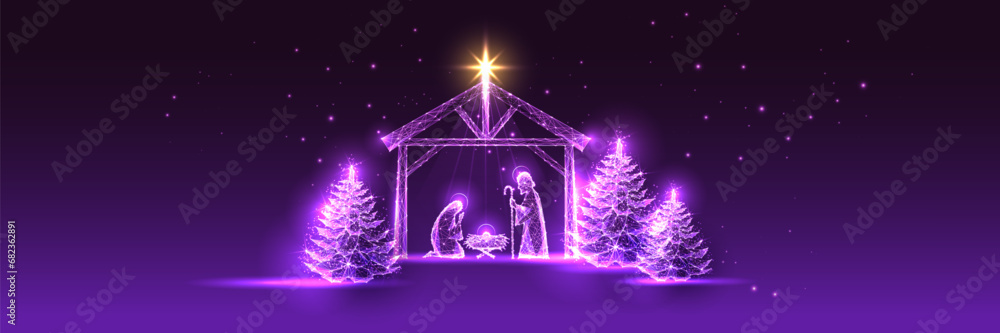 Christmas Nativity scene with Holy Family in Stable and Christmas trees ...