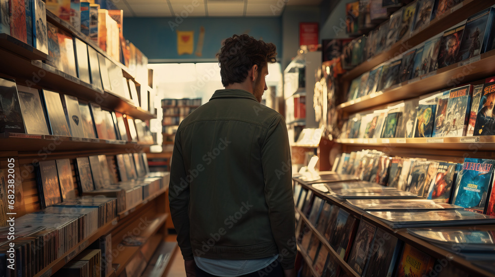 Man at comic book store browsing the sections. Concept of Comic ...